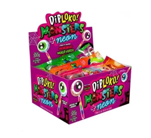 Pirulito Diploko Neon Monsters Olho 30x10g Display 300g Danilla Foods ...
